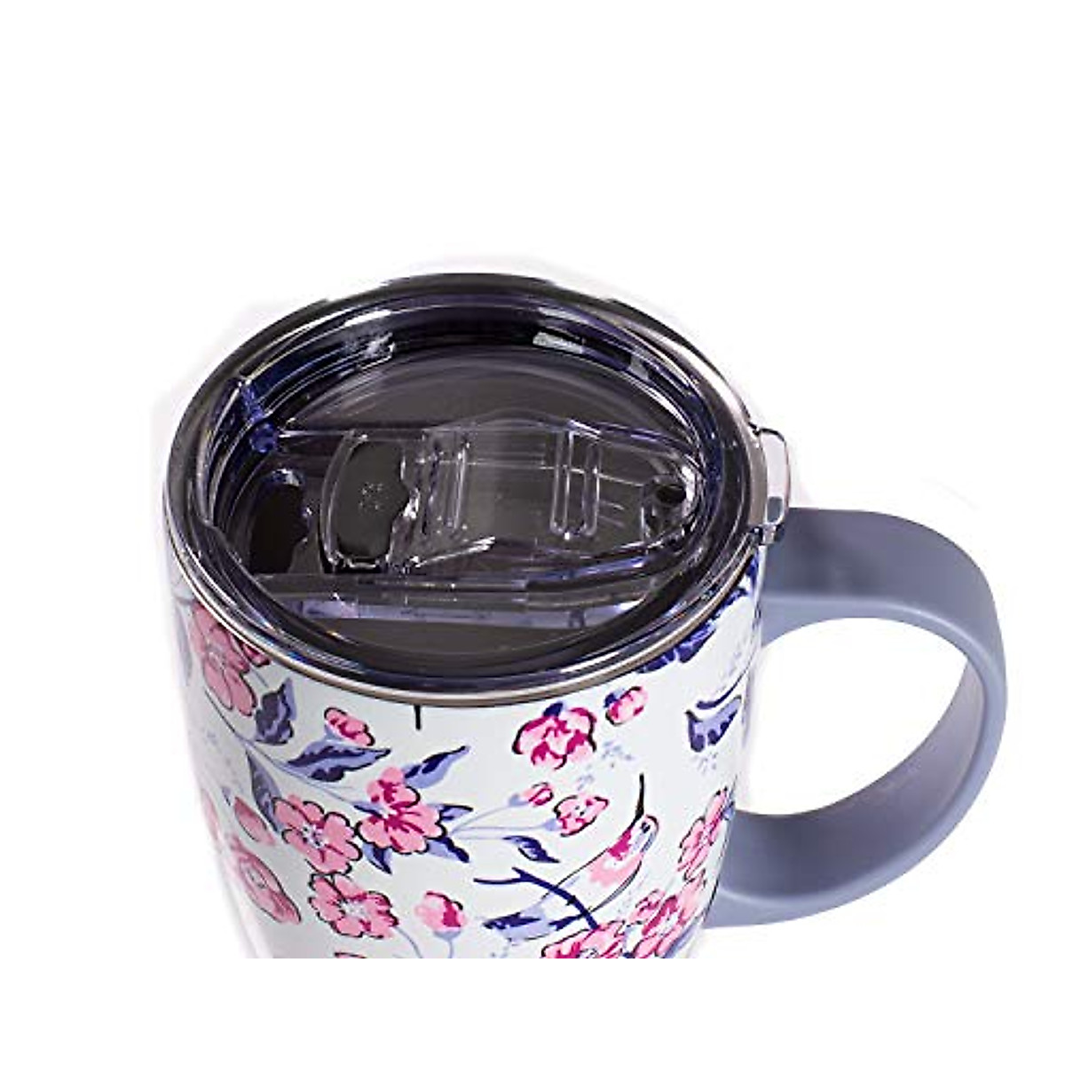 Vera Bradley Insulated Coffee Mug with Handle, 18 Ounce Stainless Steel Tumbler with Lid, Pink Floral Metal Thermal Cup, Hummingbird Ditsy