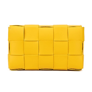 Olivia Miller Women's Fashion Ainsly Yellow Mustard Woven Faux PU Leather w Front Flap, Small Cassette Crossbody Bag w Adjustable Shoulder Strap, Casual Trendy Purse Handbag