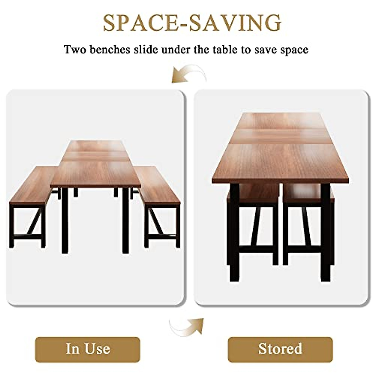iPormis 3-Piece Dining Table Set for 6-8 People, 63'' Extendable Kitchen Table with Metal Frame and Wood Board, Space Saving Dinette for Dining Room, Laminate Finished, Easy Clean, Walnut