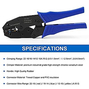 Knoweasy Wire Terminals Crimping Tool Kit, AWG20-10 Insulated Ratcheting Crimper with 700PCS Assorted Butt, Bullet, Spade, Fork and Ring Crimp Terminals Connectors