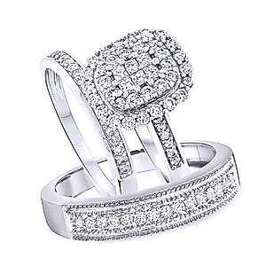 Jewel Zone US White Cubic Zirconia Engagement & Wedding Trio Fashion Ring Set in 10k Solid Gold (1.33 Cttw)