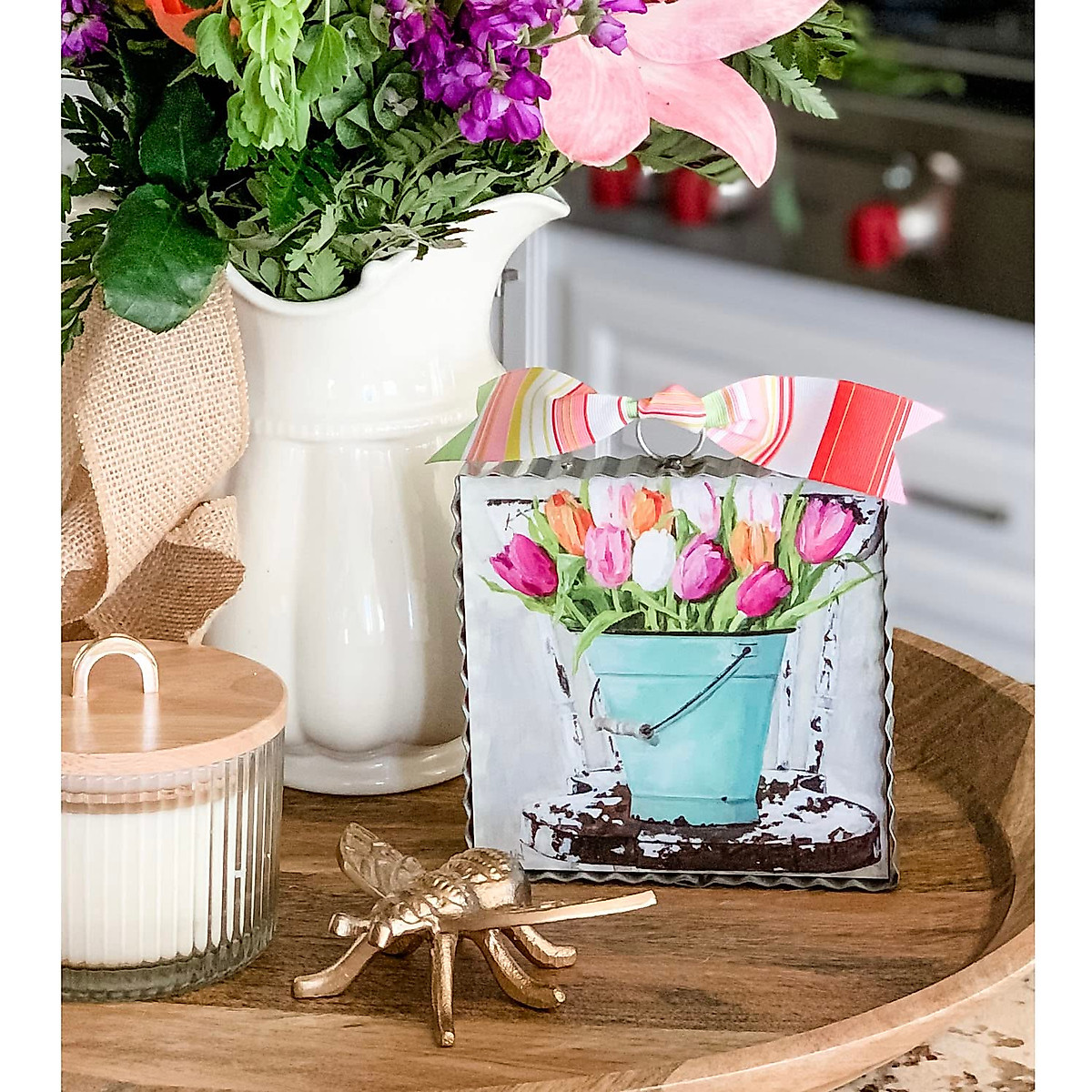 The Round Top Collection - Mini Gallery Bucket of Tulips, 6" x 1" x 7" Spring Themed Décor, Metal & Wood
