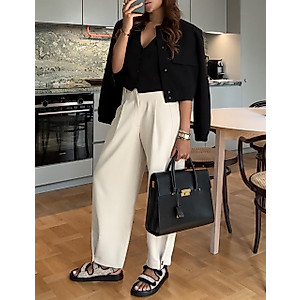 Aedceal Women's Cropped Bomber Jacket Button Down Stand Collar Varsity Coats Outerwears with Pockets(Black-M)