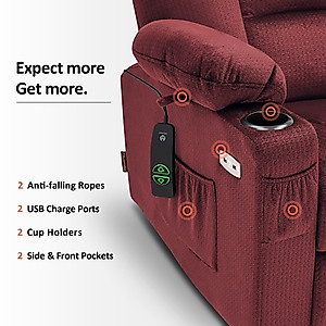 MCombo Large Power Lift Recliner Chair Sofa with Massage and Heat for Big and Tall Elderly People, 3 Positions, Cup Holders, and USB Ports, Fabric 7549 (Large, Burgundy)