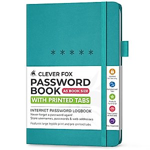 Clever Fox Password Book – Alphabetized Internet Address & Password Organizer – Computer & Website Password Keeper Notebook – Log-In Password Journal - Medium, A5, 8.3x5.8″, Hardcover (Turquoise)
