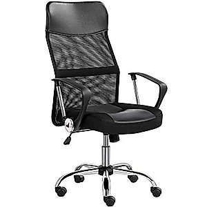 Yaheetech Home Office Desk Chair Ergonomic Rolling Chair Mesh Back Leather Seat Swivel Task Chair Executive Gaming Chair with Lumbar Support, Armrest, Black