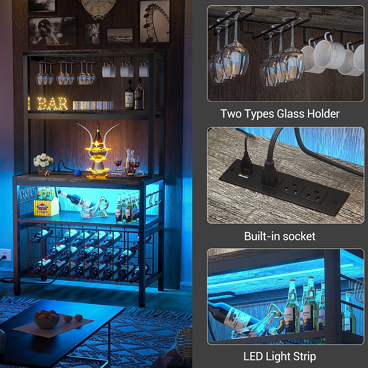 Unikito Wine Bar Cabinet with RGB LED Light and Outlet, FreeStanding Wine Rack Table, Floor Liquor Cabinet with Glass Holder, Floor Bar Cabinet with Wine Rack for Home Kitchen Dining Room, Black Oak