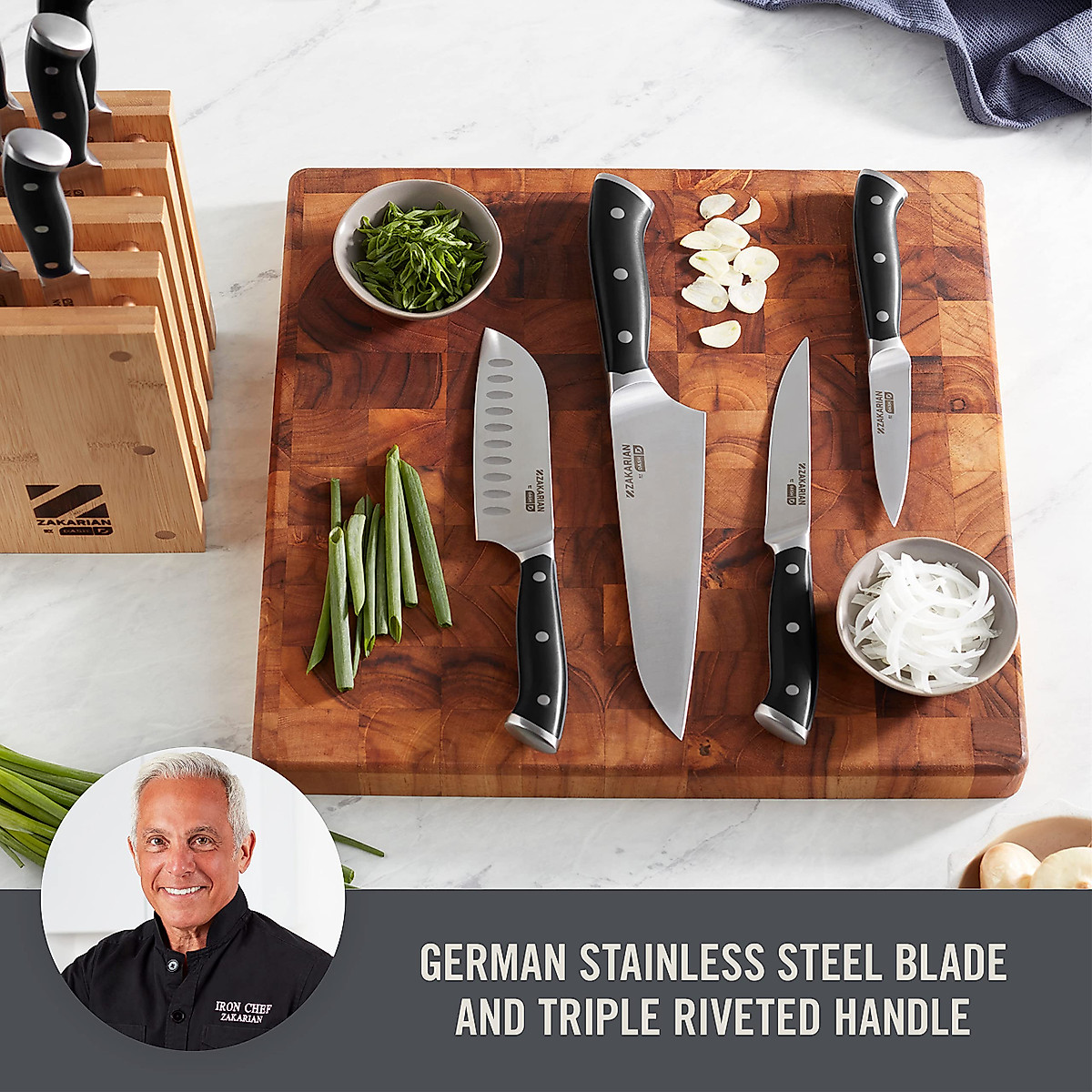 DASH Zakarian by DASH 11-Piece German Steel Kitchen Knife Set with 7" Chef, 5" Santoku, 5" Serrated Utility, 3.5" Paring, 6 Steak Knives and Magnetic Bamboo Knife Block, Black