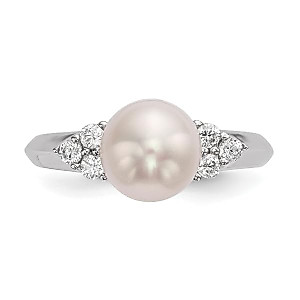 IceCarats 925 Sterling Silver 8mm White Button Freshwater Cultured Pearl Cubic Zirconia CZ Ring Size 8
