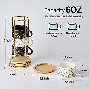 LUKA Porcelain Espresso Cup with Metal Stand, 6 Ounce Stackable Ceramic Demitasse Espresso Mugs Cappuccino Cups Set for Latte,Coffee,Cafe Mocha,Tea(Set of 4)