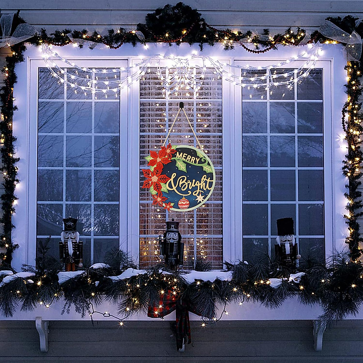 CHDITB Christmas Decoration Merry & Bright Door Sign(11.4"x11.4"), Wooden 3D Christmas Wall Hanging Sign with Mistletoe Jingle Bell, Cute Housewarming Gift for Home Office Xmas New Year