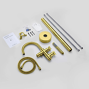 Artiqua Freestanding Tub Filler Bathtub Faucet Brushed Gold Floor Mount Brass Bathroom Faucets with Hand Shower
