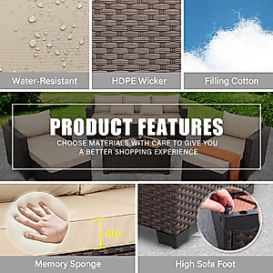 Rattan Star 6 Pieces Patio Outdoor Furniture Outdoor Conversation Sets Wicker Sofa Set with Outdoor Couch Patio Chairs Storage Coffee Table Khaki Cushions Waterproof Covers