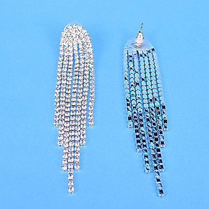 Mlouye Long Crystal Tassel Earrings Fringe for Wedding Women Bridal Dangling Chain Dangle Drop Earring Silver Tone Clear