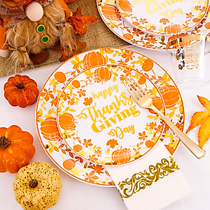 supernal 175pcs Thanksgiving Plastic Dinnerware Set,Gold Plastic Plates with Gold Plastic Silverware,Gold Thanksgiving Plastic Cups,Pumpkin and Maple Leaf Design for Thanksgiving Day Party