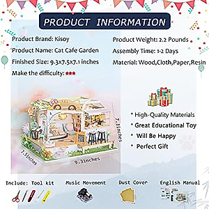 Kisoy Dollhouse Miniature with Furniture Kit, Handmade DIY House Model for Teens Adult Gift (Cat Cafe Garden)