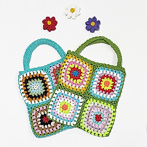 White Granny Square Handmade Crochet Flowers Shoulder Vintage Style Tote Bag Romantic Handbags Diy Kintting 01Sky blue