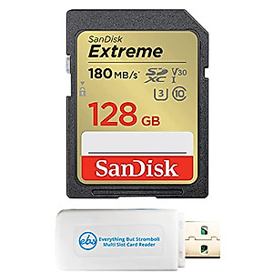 SanDisk Extreme 128GB SD Memory Card Works with Sony Alpha a7C, a6600, a6100, a6400 Mirrorless Camera (SDSDXVA-128G-GNCIN) U3 SDXC UHS-I Bundle with (1) Everything But Stromboli Micro & SD Card Reader