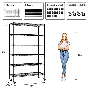 6 Shelf Wire Shelving Adjustable Storage Shelves Steel Wire Rack Metal Shelf 2100Lbs Capacity Standing Storage Shelf Units for Laundry Kitchen Garage Pantry Closet ( Black, 48" L x 18" W x 82")
