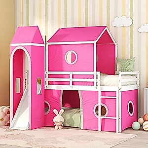 Merax Twin Over Twin House Bunk Bed, Kids Playhouse Bed, Solid Wood bunk Bed Frame with Slide Pink Tent and Tower, for Girls and Boys, Pink