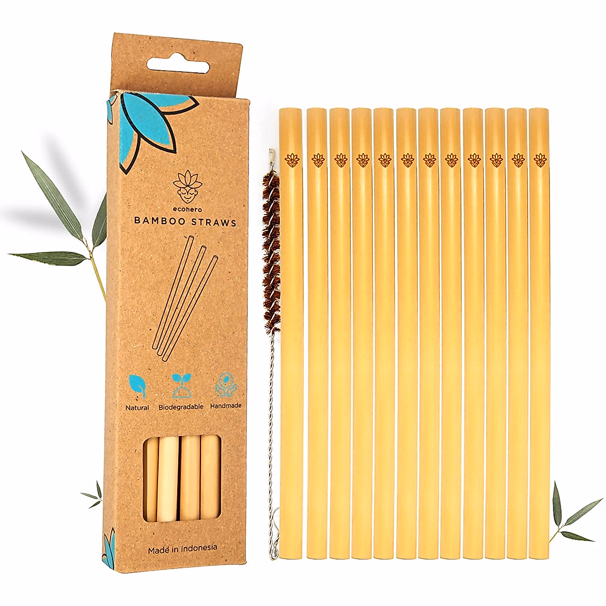 Reusable Bamboo Straws ECOHERO| Reusable Straw Cleaning brush, Handcrafted Bamboo Straw| Eco-Friendly Straws with Zero-Waste Packaging Biodegradable Straws Thick Organic Straws| 12 units large straws.