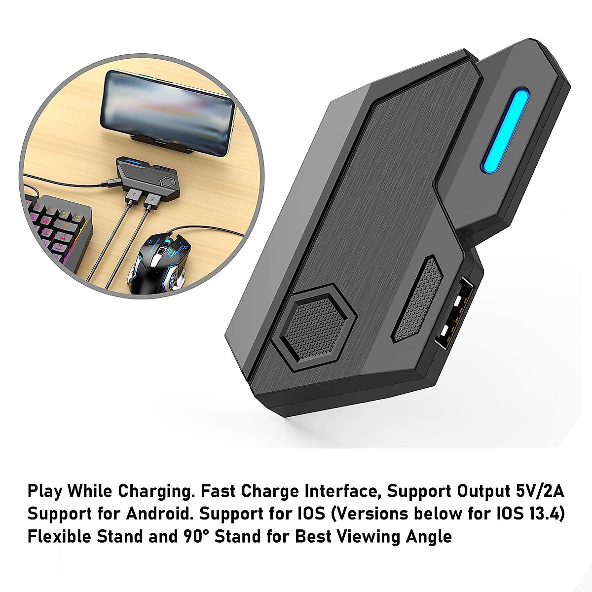 Zyyini Gaming Keyboard Mouse Holder,Converter with Fast Charge Interface, Support 5V/2A Output, RGB Gradient USB One Handed for Android, for OS Below 13.4(Mix SE Automatic Pressure Gun Set)