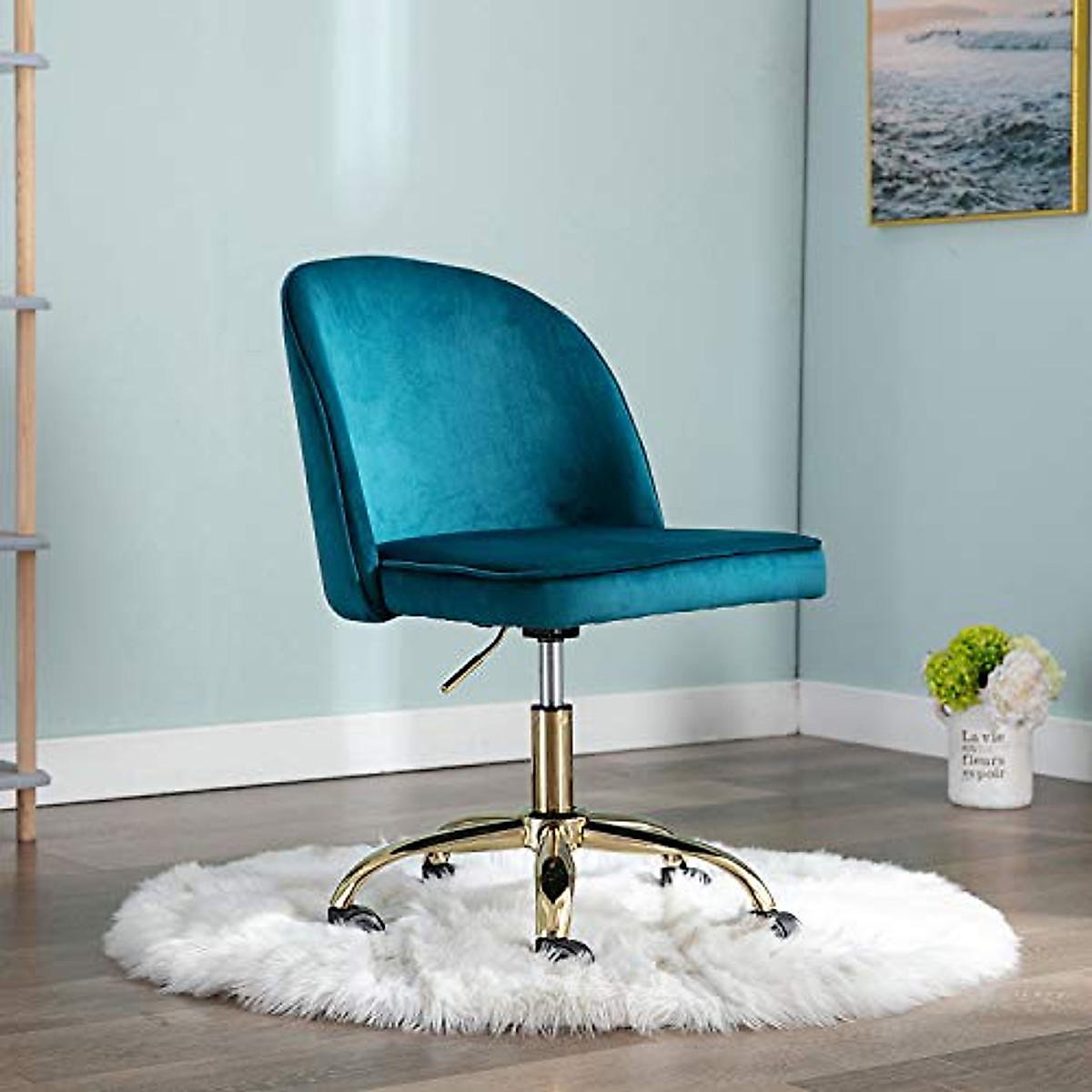 Guyou Pink Velvet Gold Desk Chair with Wheels Armless Upholstered Vanity Chair, Rolling Swivel Small Task Chair Home Desk Chair for Home Office Studio (Peacock Blue)