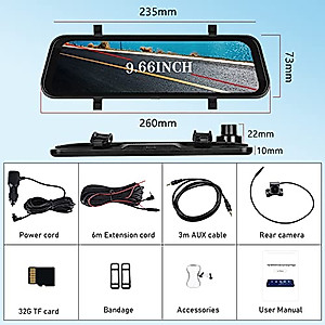 9.66" Mirror Dash Cam Front and Rear with Wireless CarPlay Android Auto Rear View Mirror Camera for Cars & Trucks, Enhanced Night Vision, IPS Touch Screen, Voice Control, Dual Cameras+32G Card, 7V-36V