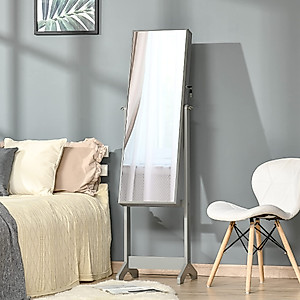 HOMCOM Floor Standing Jewelry Cabinet, Lockable Jewelry Organizer with Full-Length Mirror, and 3 Adjustable Angles, Grey