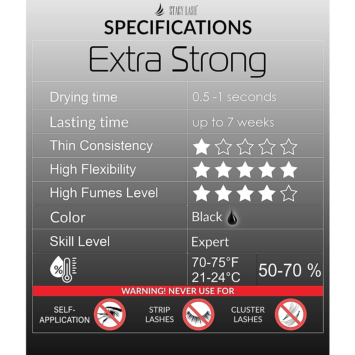 Extra Strong Eyelash Extension Glue Stacy Lash (0.17fl.oz / 5ml) / 0.5-1 Sec Dry/Retention – 8 Weeks/Black Adhesive/Professional Supplies