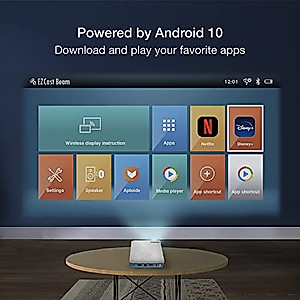 Outdoor Ultra Portable Pico Projector EZCast Beam J4a | WiFi Bluetooth Projector, Android 10, Supports Netflix, Battery for 4 hrs on a Playtime, DLP, 300 ANSI, 100" Displays, Compatible w/ HDMI, USB