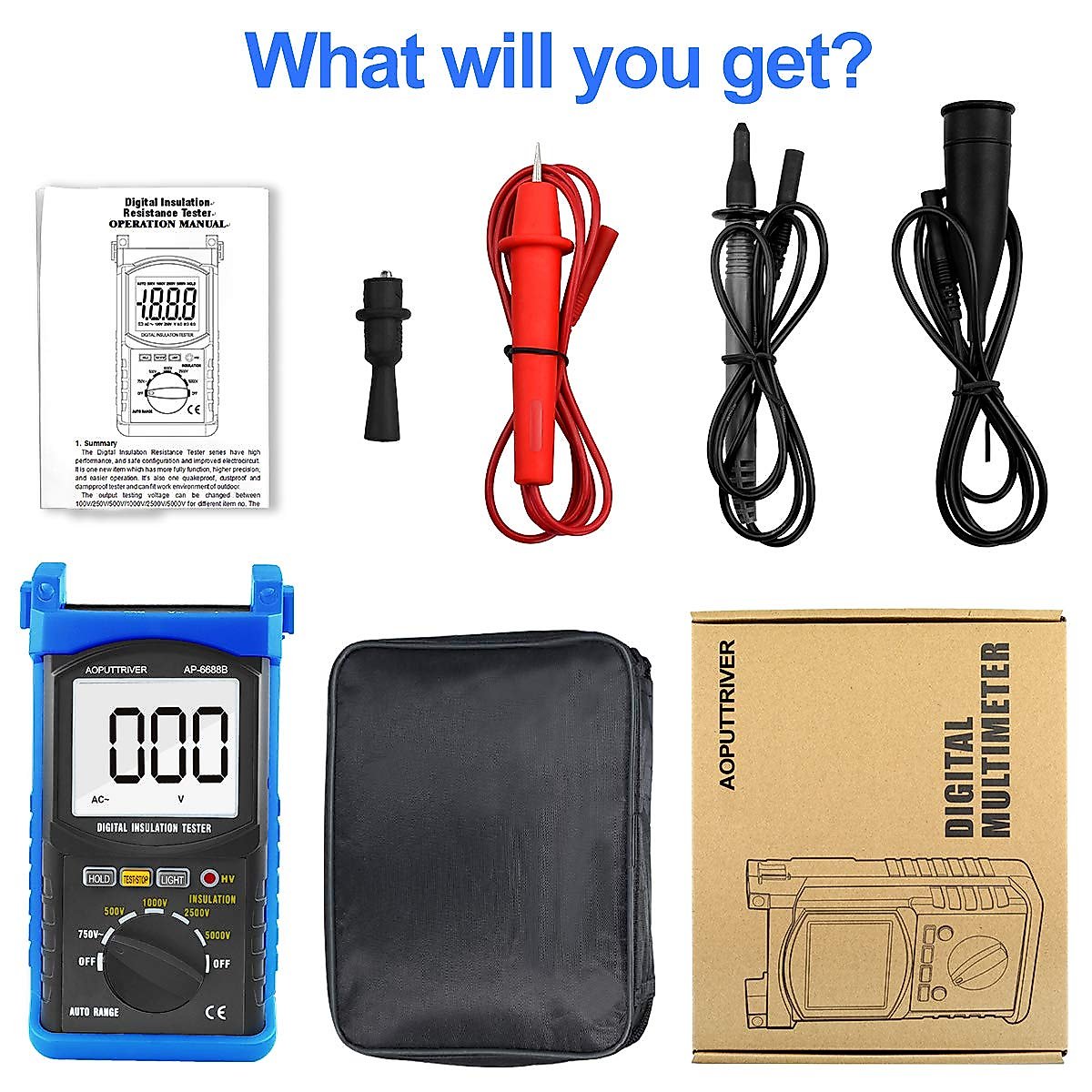 Digital Insulation Resistance Tester, AP-6688B Auto Range Megohmmeter 1999 Counts LCD Display 500/1000/2500/5000V Voltage,1MΩ~200GΩ Resistance Testing with Data Hold Backlit for Motor Cables Switches