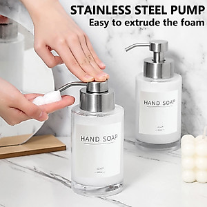 Foaming Soap Dispenser Set, 12 Oz Glass Hand Soap Dispenser with 304 Rust Proof Stainless Steel Pump, Waterproof Labels, for Bathroom Decor Kitchen College Dorm, Clear Silver Pump 2 Pack