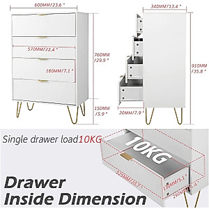 UEV White 4 Drawer Dresser for Bedroom, Tall Bedroom Dresser with Large Drawer & Golden Handles, Wooden Modern Storage Cabinet Chest of Drawer for Bedroom,Closet,Hallway (White)