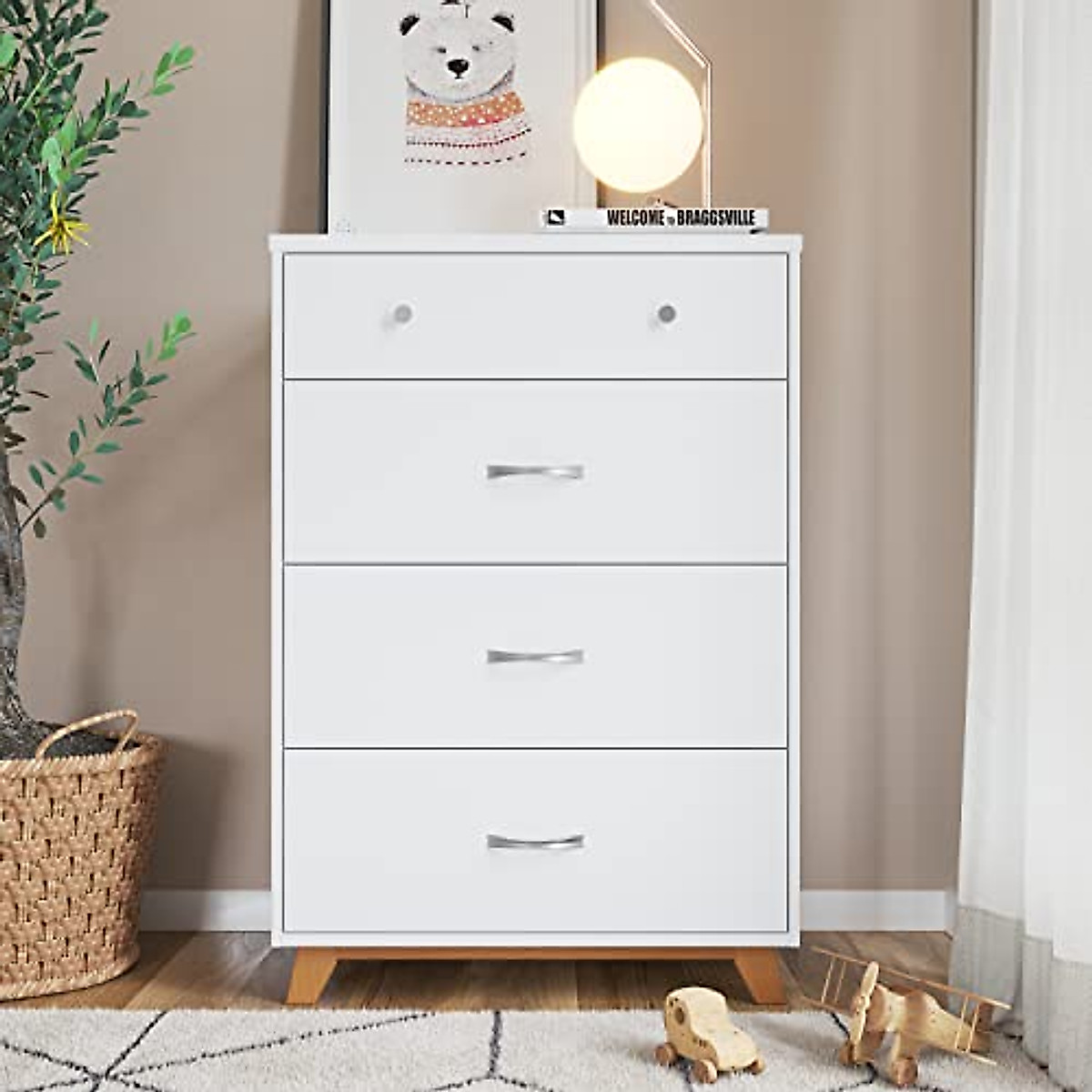 Child Craft SOHO 4 Drawer Mid-Century Modern Chest, Anti-Tip Kit, Extra-Large Storage for Baby Nursery, Kid’s Room (White/Natural)