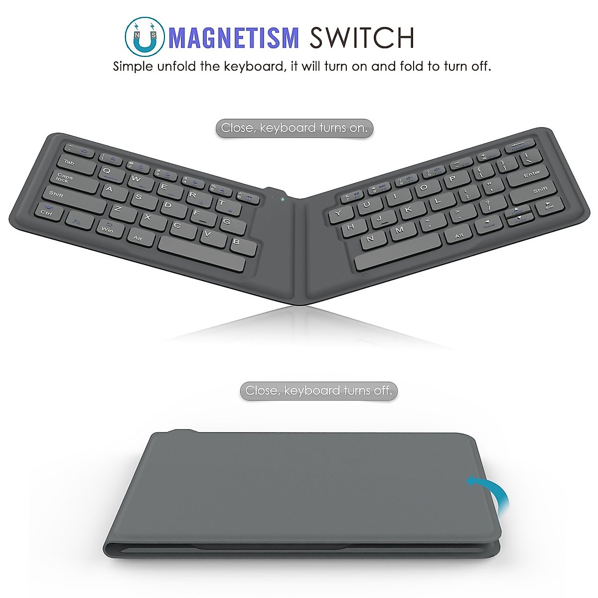 MoKo Foldable Bluetooth Keyboard, Ultra-Slim Portable Wireless Keyboard Rechargable Fit iPad iPhone, Folding Bluetooth Keyboard Compatible with iOS Android Windows Tablet Smartphone Laptop, Gray