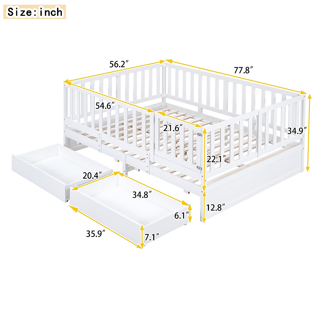 Wood Full Size Daybed with Fence Guardrails and 2 Drawers, Used as Independent Floor Bed & Daybed,for Kids Toddler Teens Adults Bedroom Use (White@Fence/, Full)