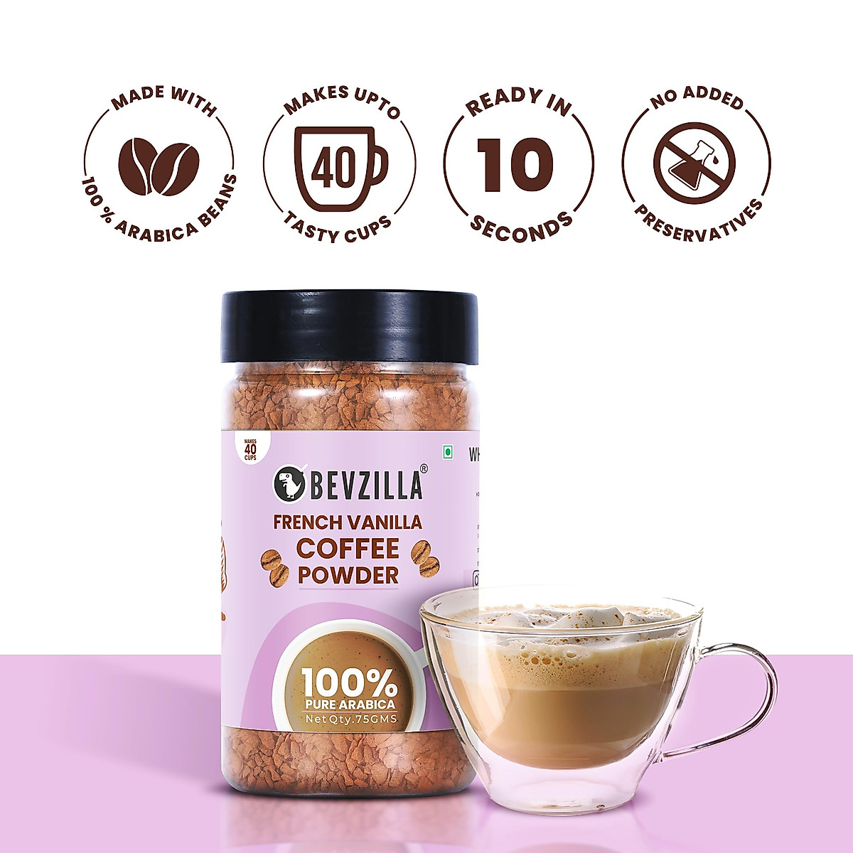 Bevzilla Instant Coffee Powder (French Vanilla Flavour) - 75 Grams | Premium Arabica Beans | Hot & Cold Coffee | Makes 40 Cups | Strong Coffee | Flavoured Coffee| Glass Jar