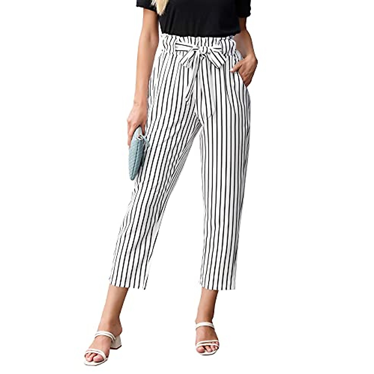 GRACE KARIN Women's Frilled Waist Striped Print Work Pants for Office Business with Belt