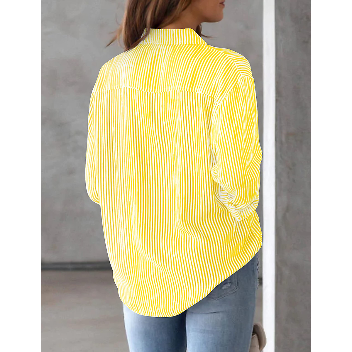 AISEW Womens Button Down Shirts Striped Classic Long Sleeve Collared Office Work Blouses Tops with Pocket (Yellow, 7002M)