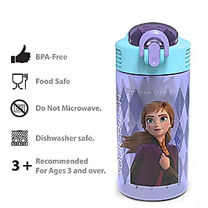 Zak Designs Disney Frozen 2 Kids Water Bottle Set with Reusable Straws and Built in Carrying Loops, Made of Plastic, Leak-Proof Water Bottle Designs (Elsa & Anna, 16 oz, BPA-Free, 2pc Set)