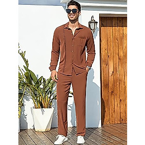 HANXMEN Men 2 Piece Linen Set Long Sleeve Button Down Cuban Shirt Casual Loose Pants Beach Vacation Outfits With Pocket,Brown,L
