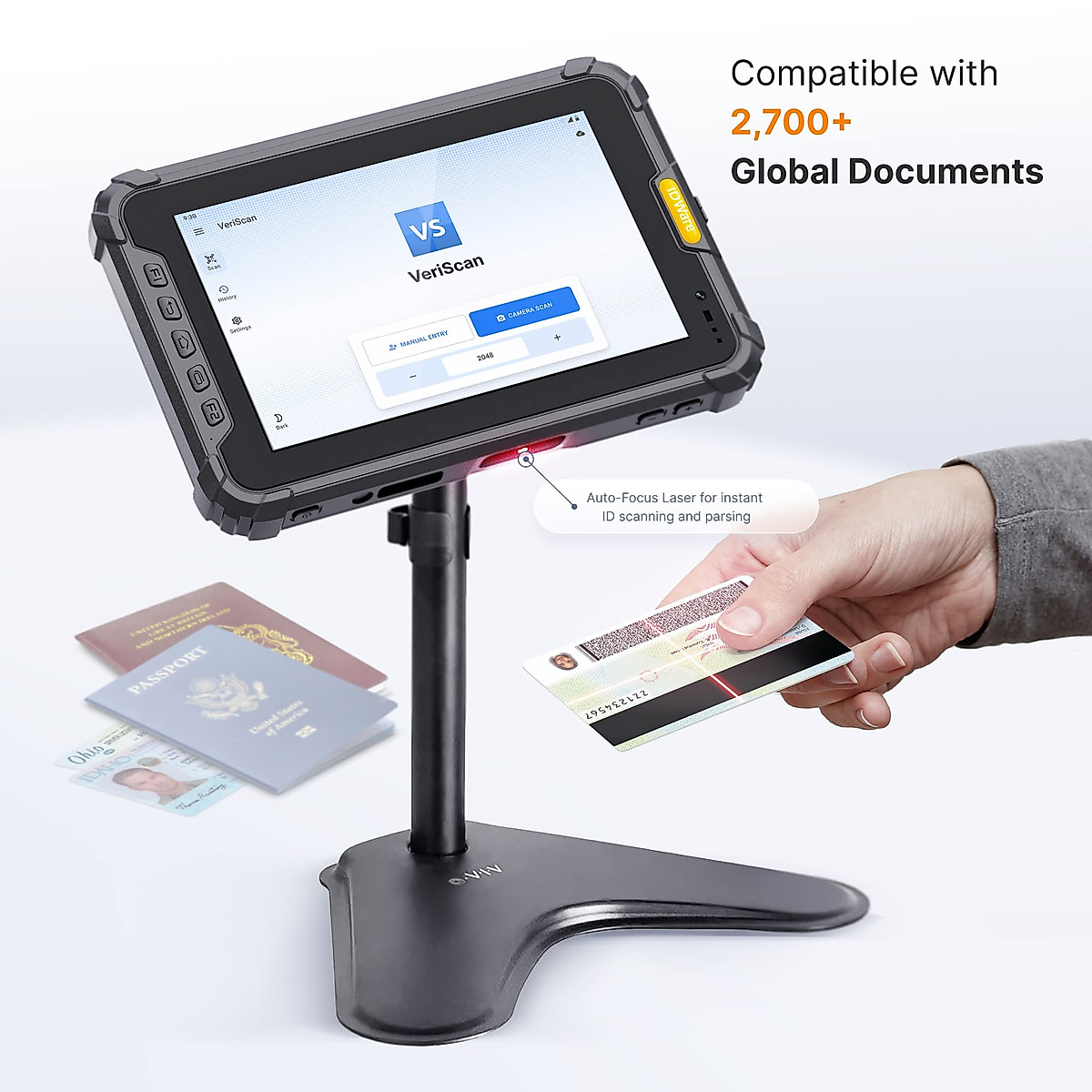 Visitor Management Bundle with Durable All-in-One 8" Android ID and Passport Scanner for Bars, Nightclubs, Gated Communities, Events, and Door Entrances – IDWare Falcon with Tabletop Stand