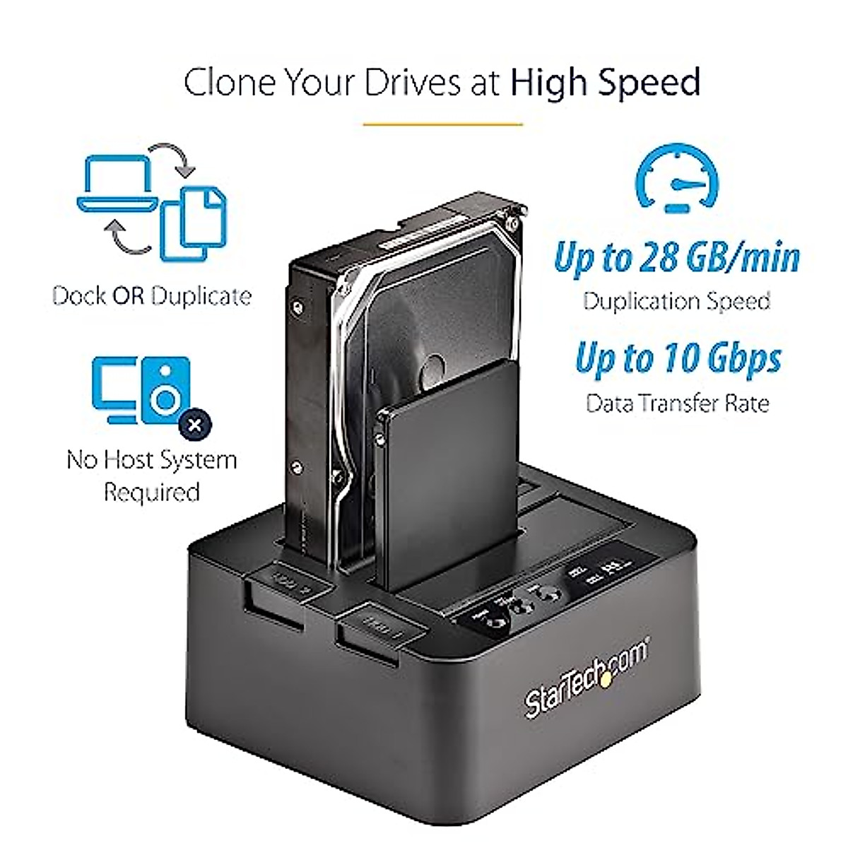 StarTech.com Standalone Hard Drive Duplicator, External Dual Bay HDD/SSD Cloner/Copier, USB to SATA III Docking Station