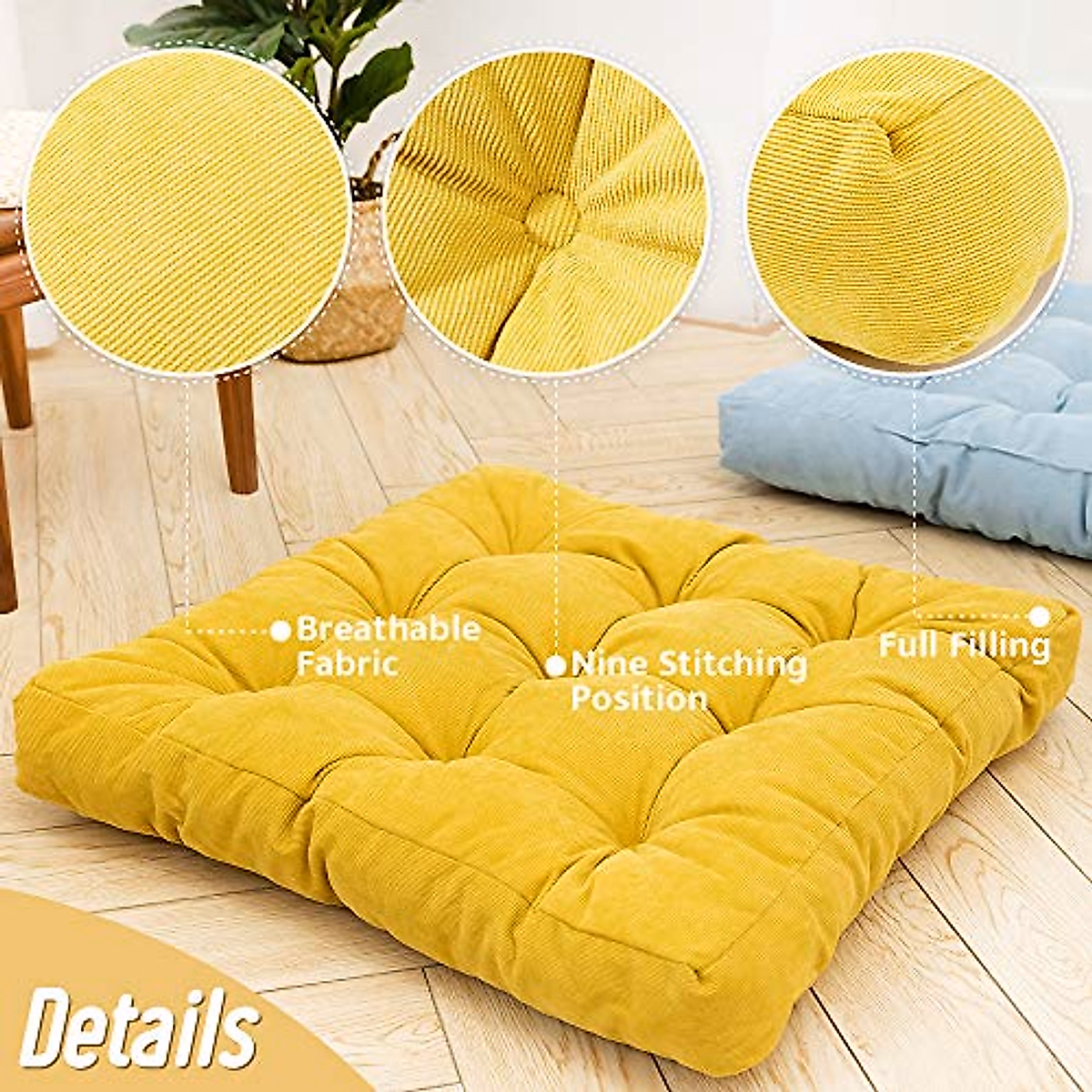 HIGOGOGO Floor Pillow, Square Meditation Pillow for Seating on Floor Solid Thick Tufted Seat Cushion Meditation Cushion for Yoga Living Room Sofa Balcony Outdoor, Yellow, 22x22 Inch