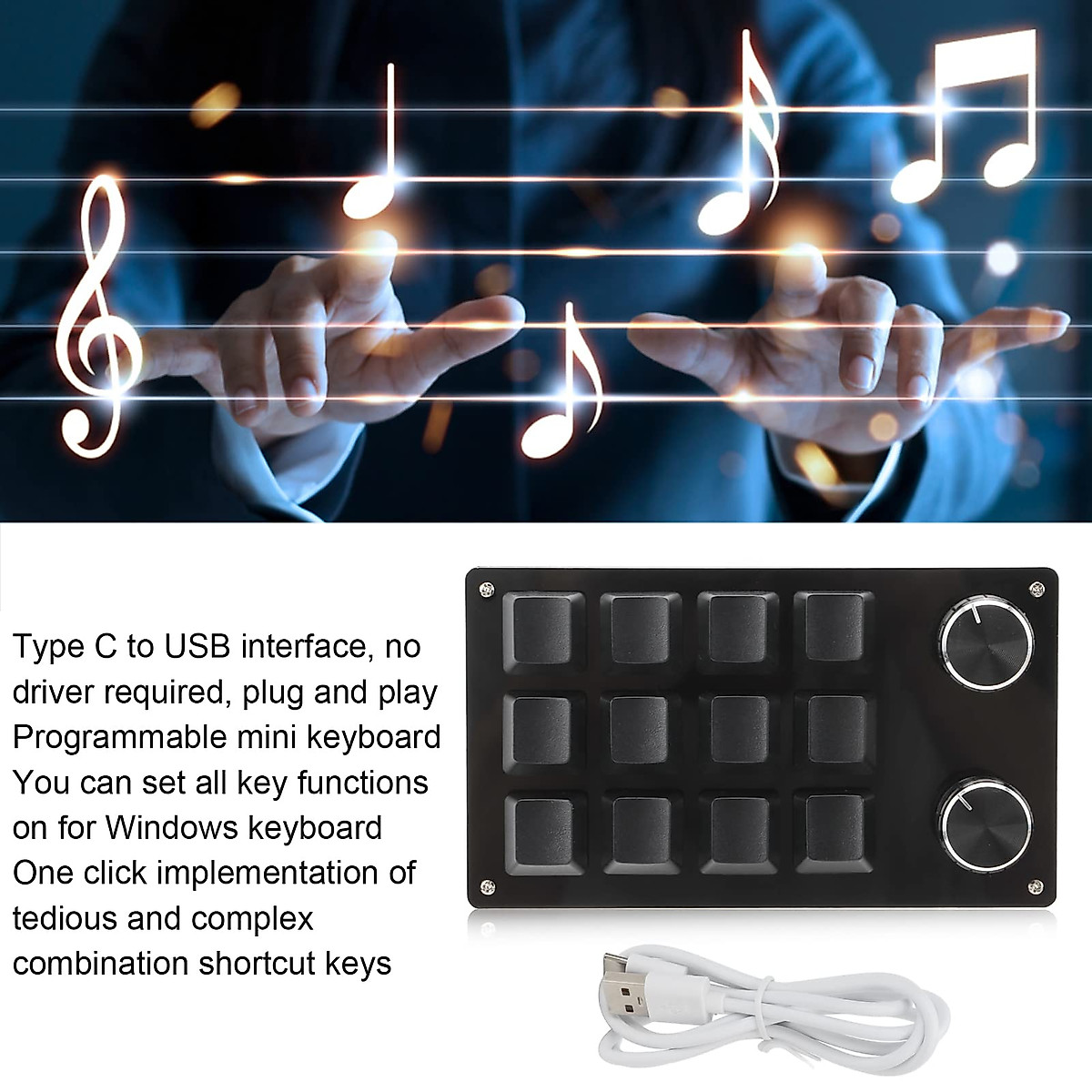 One Handed Macro Mechanical Keyboard Portable USB Mini 12 Key Multifunction DIY Programmable Keypad with Knob for Office Gaming Lab(Black)