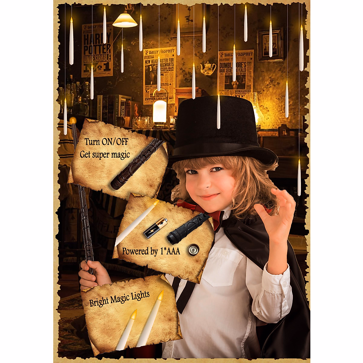 QVAIVE Floating Candles with Wand, 10Pcs Magic Flameless Hanging Candles,Flickering LED Taper Window Candles for Home Halloween Christmas Decoration Party Birthday