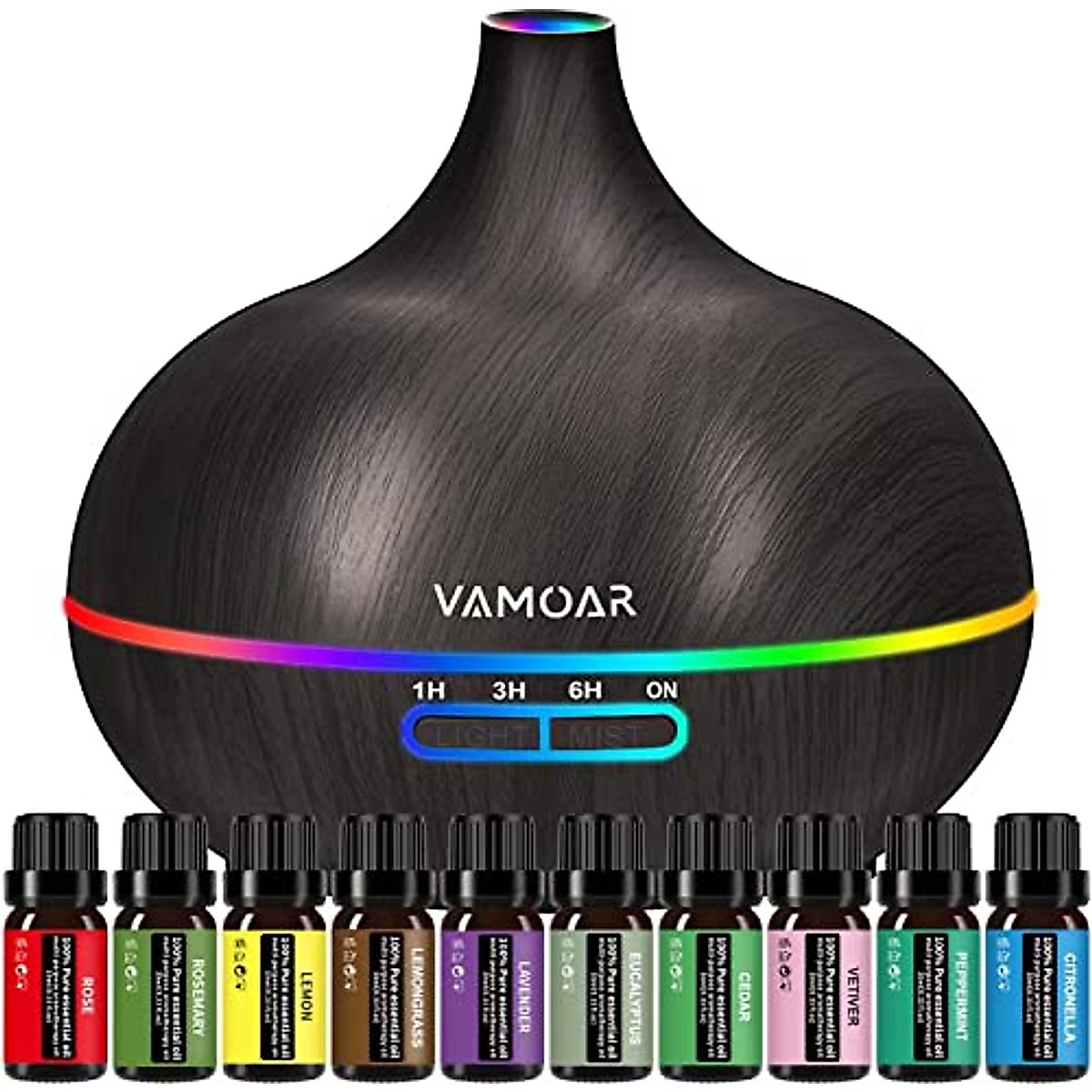 Essential Oil Diffuser Gift Set ，550ml Diffuser & Essential Oil Set, Top 10 Essential Oils, Aromatherapy Diffuser Humidifier with 4 Timer &Auto Shut-Off for & 15 Ambient Light Settings