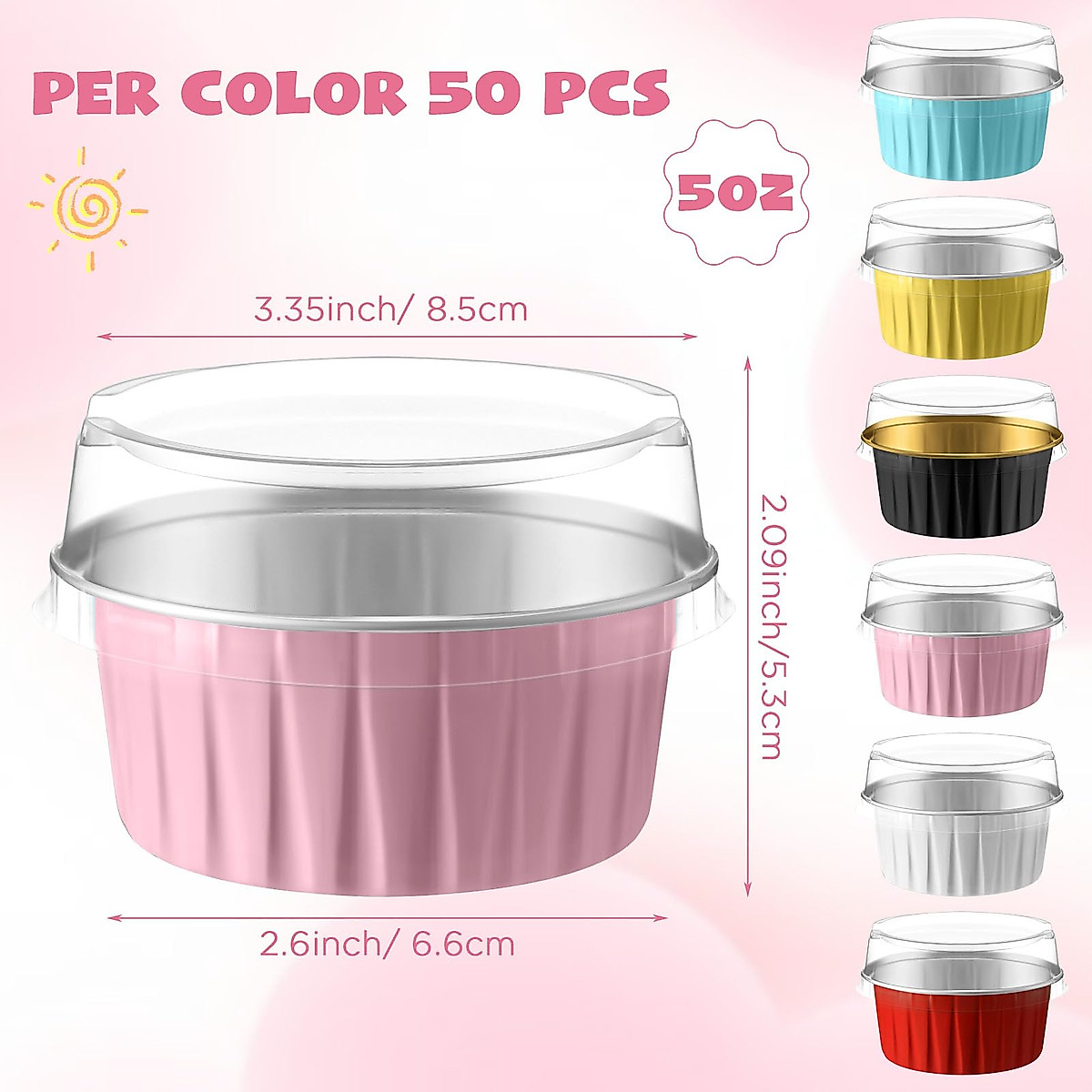 Dandat 300 Pack Aluminum Foil Cup with Lid Baking Cake Pan 5oz Disposable Ramekin Cupcake Liners Dessert Cups Mini Muffin Liner Cake Containers Flan Molds Tin for Valentine's Day Wedding Birthday