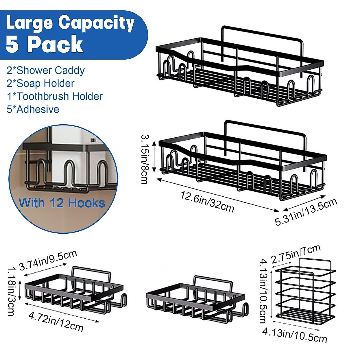 Generic Adhesive Shower Caddy,5 Pack Shower Shelves with 8 Hooks,Soap Holder & Toothbrush Holder, Rustproof Stainless Steel Bathroom Shelves Bathroom Organizers and Storage and Home Decor, Black